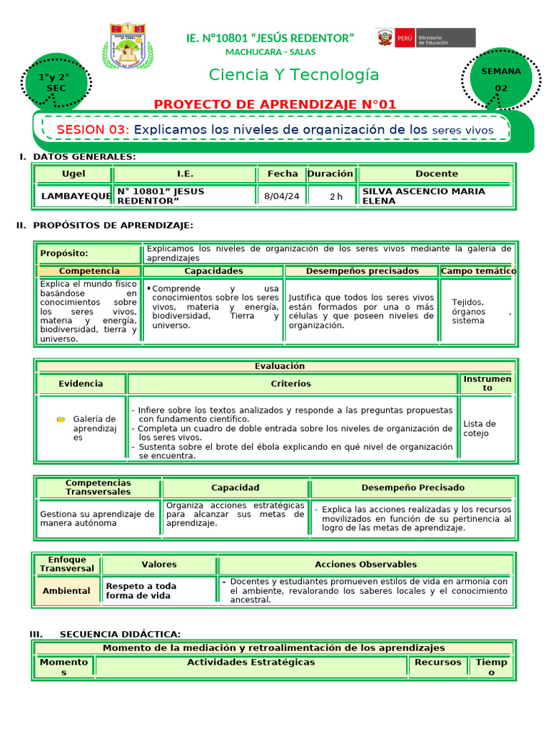 3ra SESIÓN DE APRENDIZAJE - SEM.2-PROY 01-CyT 2024 | PDF | Aprendizaje