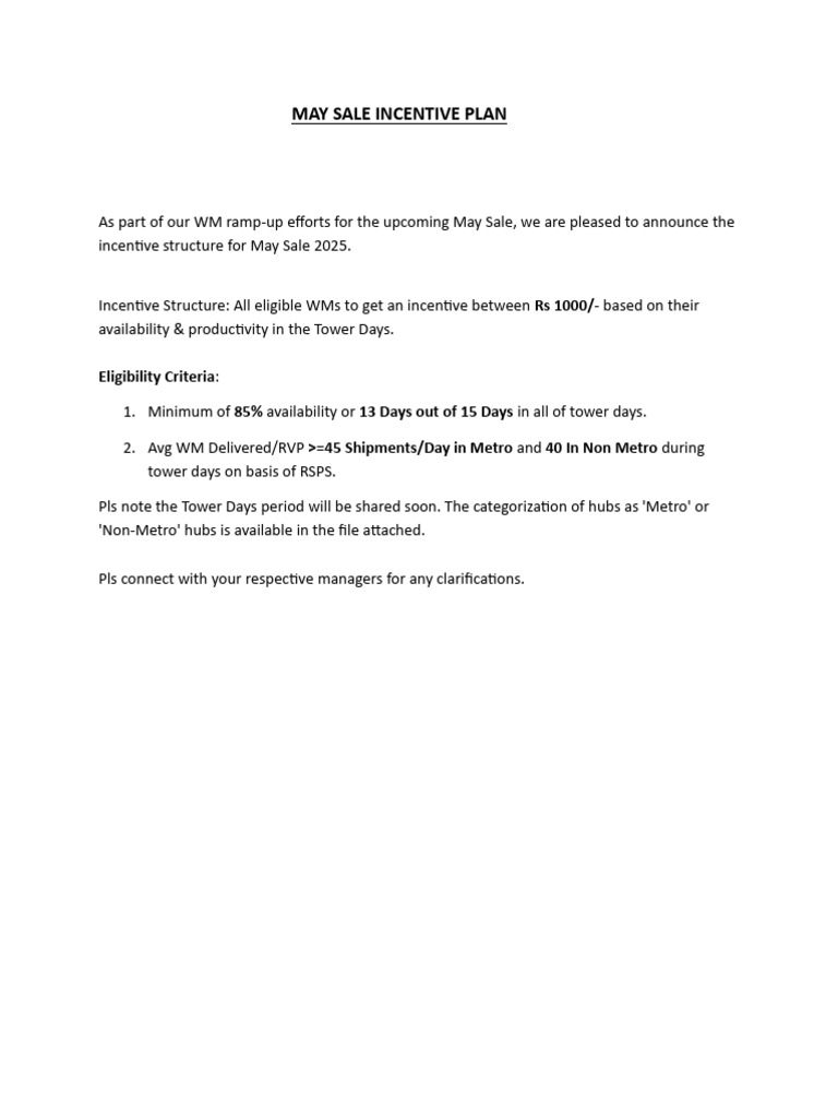 May Sale Incentive Plan | PDF