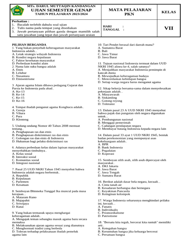 Soal Ujian Semester 2 Kelas 7 PKN | PDF