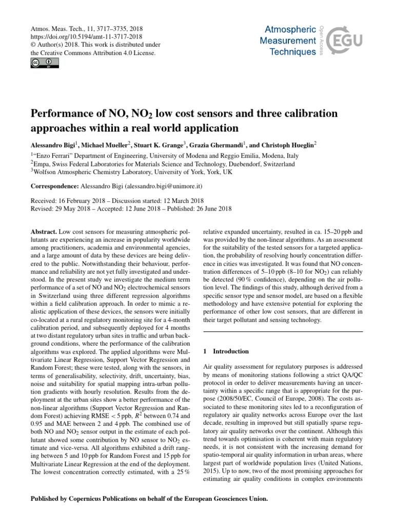Performance of NO, NO2 low cost sensors and three calibration | PDF | Sensor | Calibration
