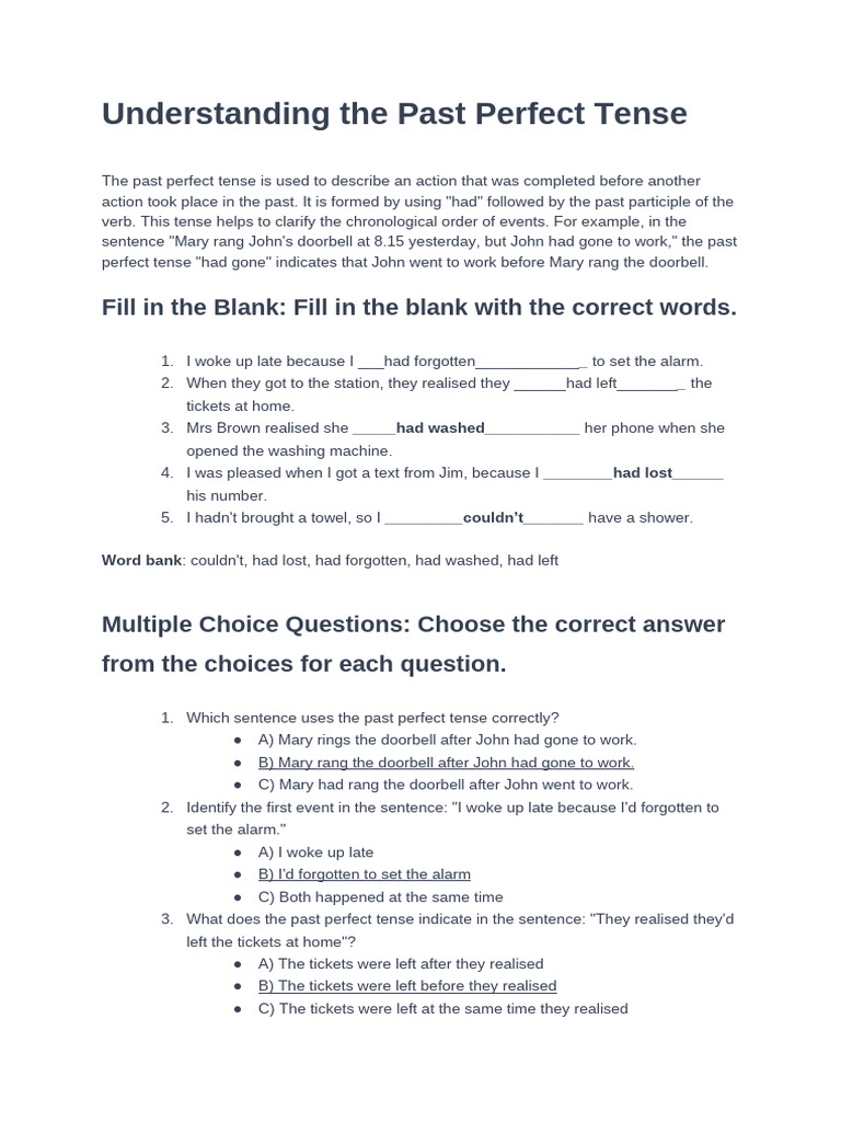 Mastering the Past Perfect Tense | PDF | Perfect (Grammar) | Language ...