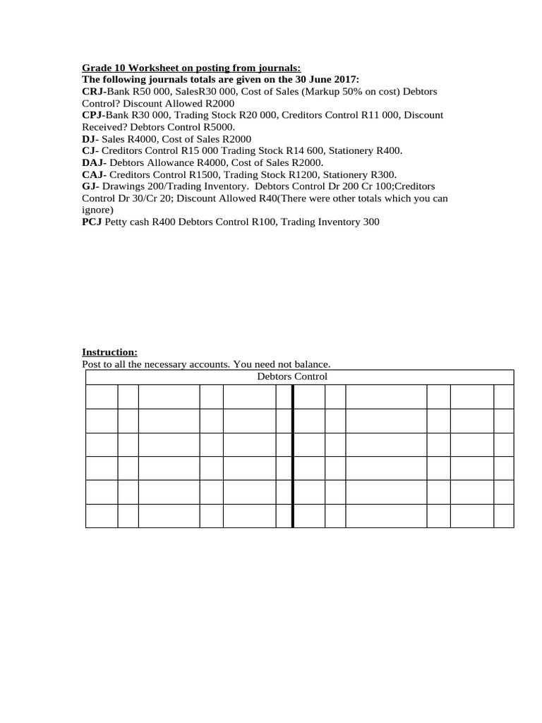 Grade 10 Worksheet On Posting From Journals Answer | PDF