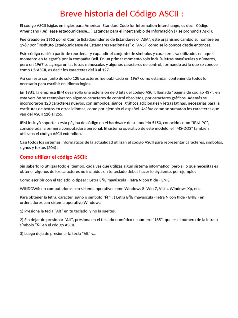 Historia y uso del código ASCII | PDF | Ascii | Informática