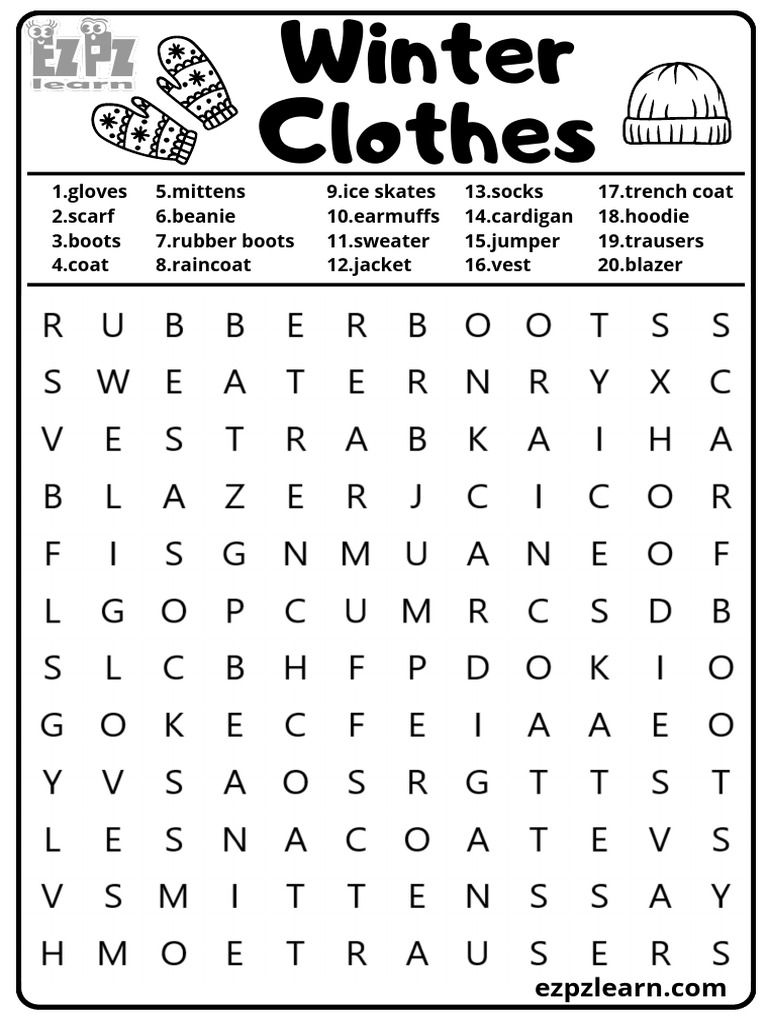 4 Winter Clothes Word Search 20 Words Winter | PDF