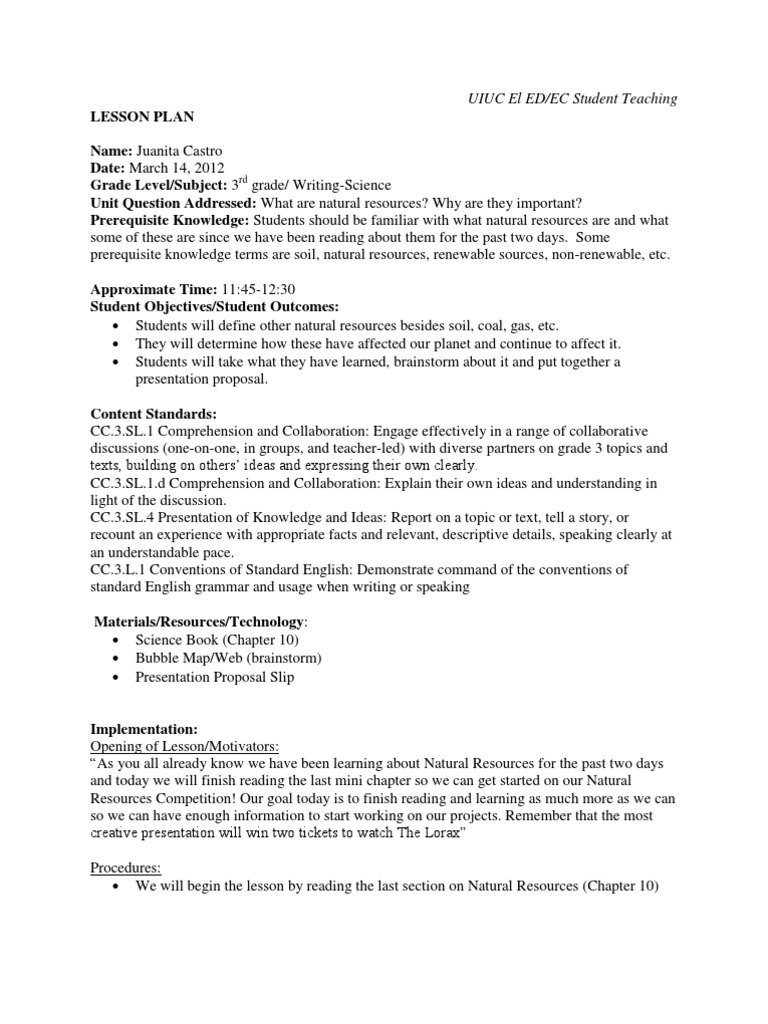 Natural Resources Lesson Plan | PDF | Reading Comprehension | Lesson Plan