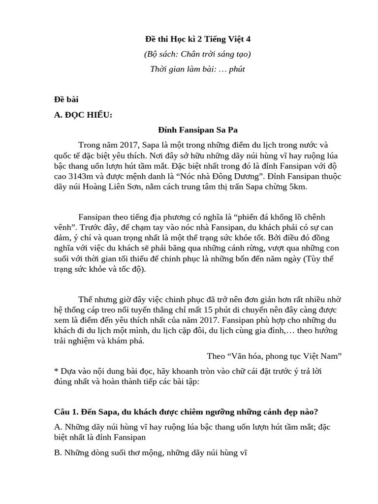 De Thi hk2 Tieng Viet 4 CTST ds2 | PDF