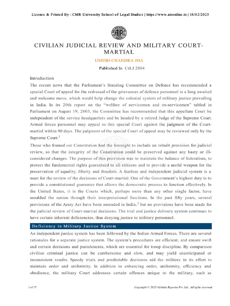 Civilian Judicial Review and Military Court Martial | PDF