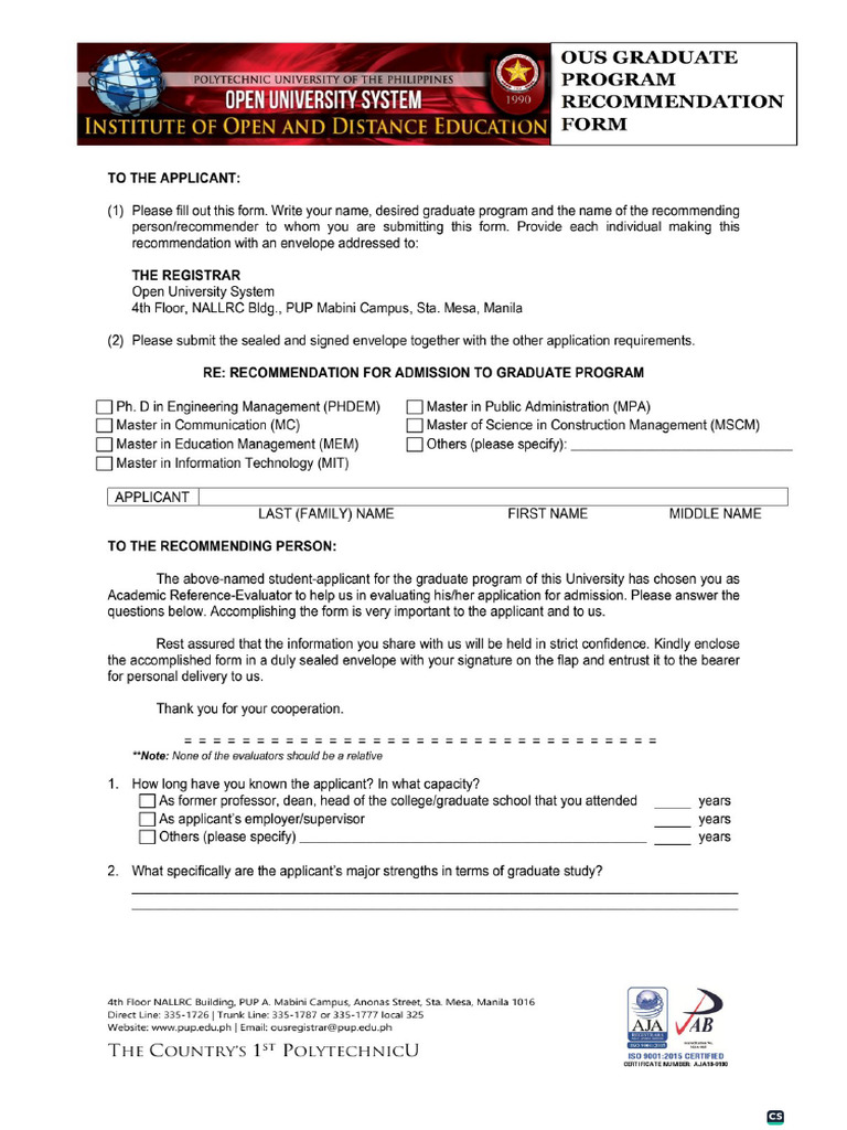 PUP OUS Recommendation Letter 2019 | PDF