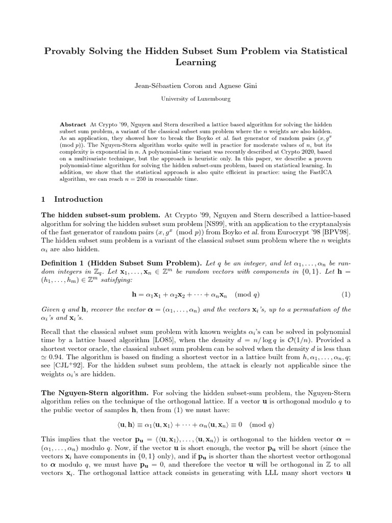 Provably Solving The Hidden Subset Sum Problem Via Statistical Learning ...