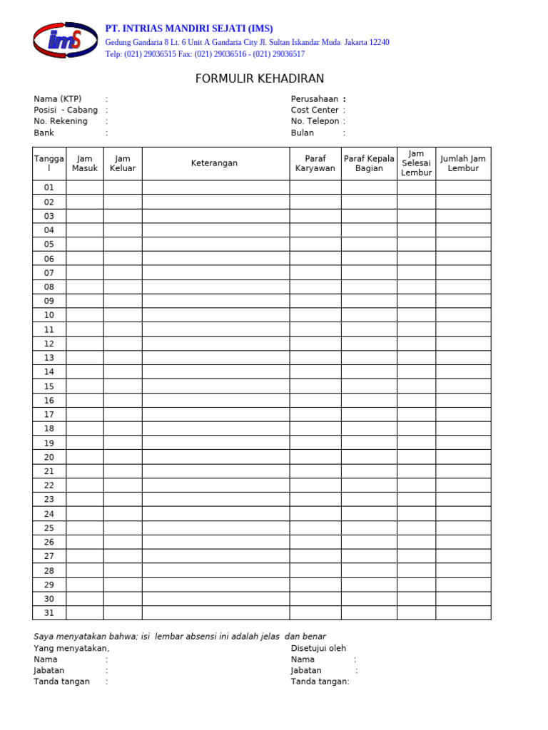 Form Absensi Ims | PDF