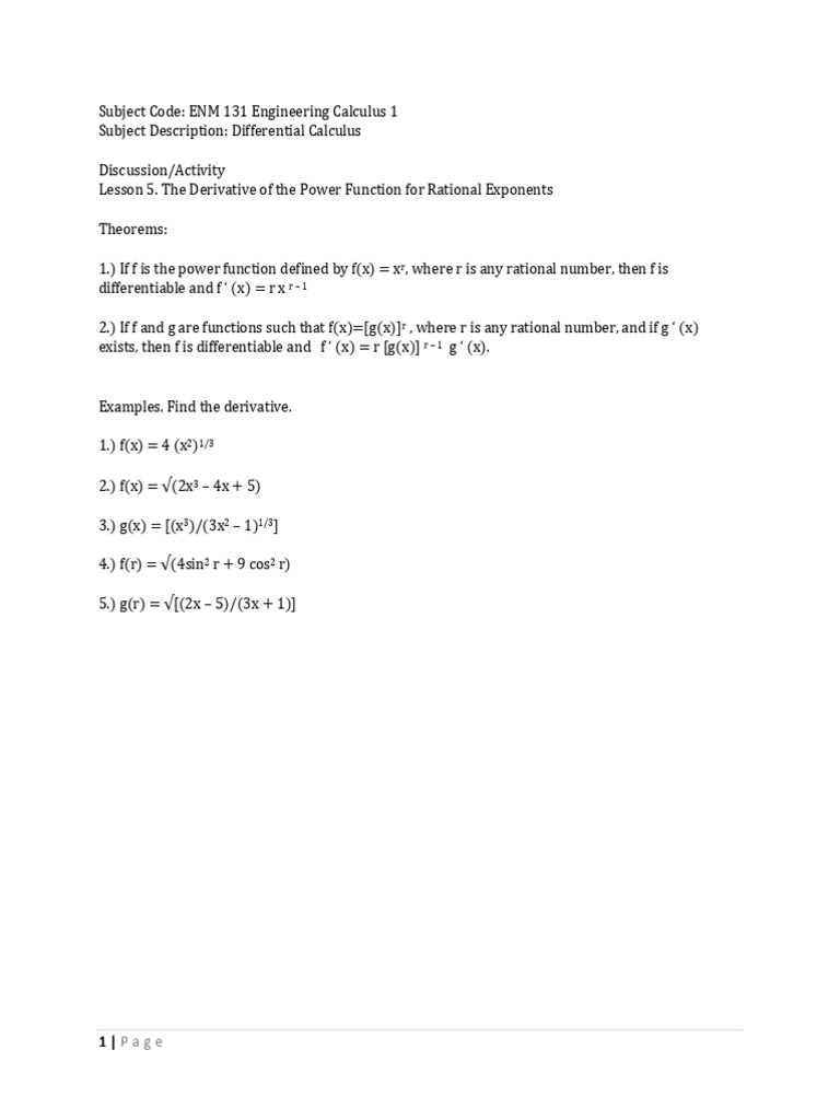 ENM 131 Lesson 5 The Derivative of The Power Function For Rational ...