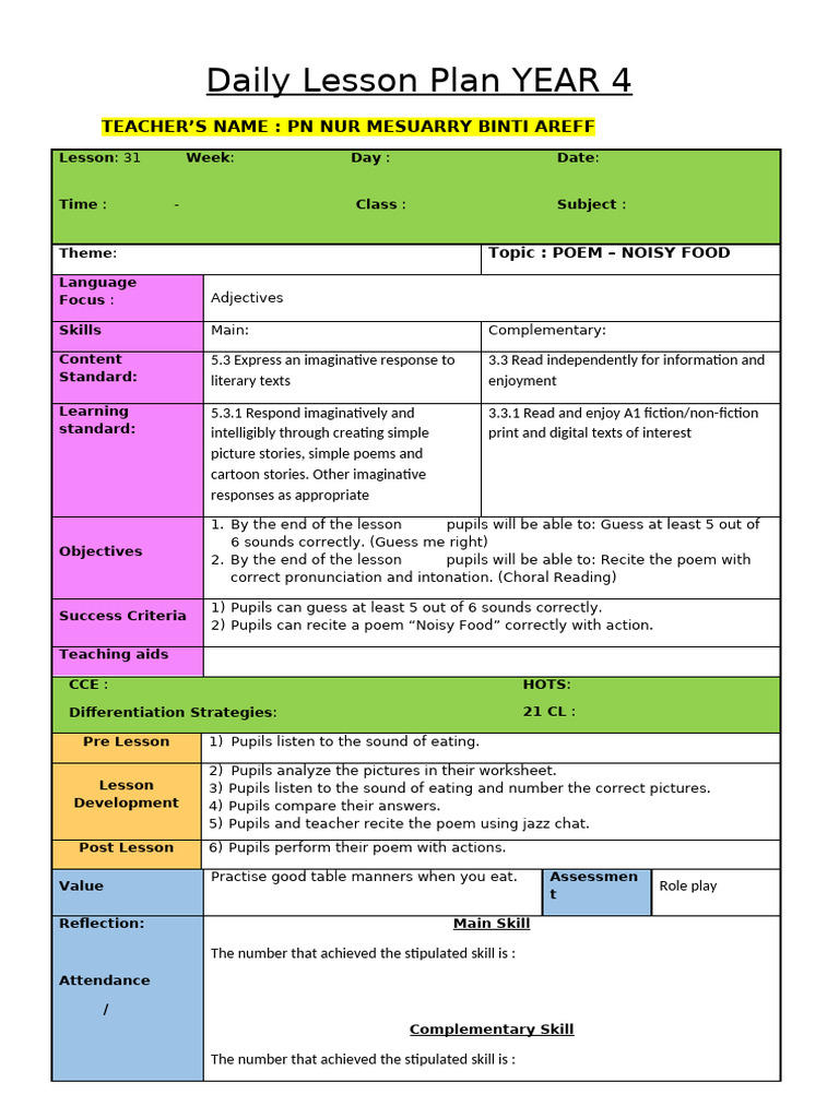 Year 4 Daily Lesson Plans Overview | PDF | Lesson Plan | Teachers