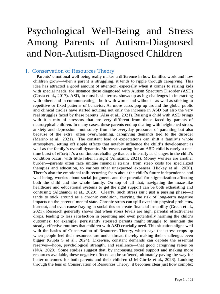 Psychological Well Being and Stress Among Parents of Autism Diagnosed and Non Autism Diagnosed ...
