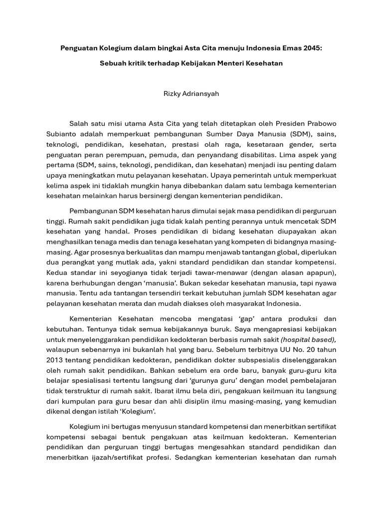 Penguatan Peran Kolegium Dalam Bingkai Asta Cita Menuju Indonesia Emas 2045, Kritik Kepada ...
