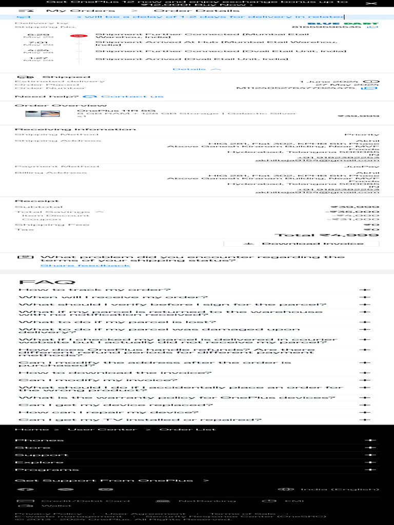 OnePlus Order History - OnePlus (India) | PDF | Receipt | Credit Card