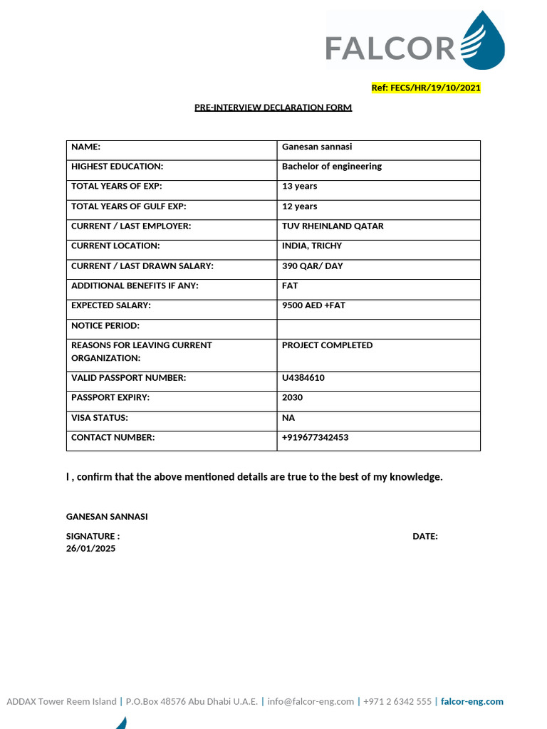 Pre Interview Declaration Form - Updated | PDF