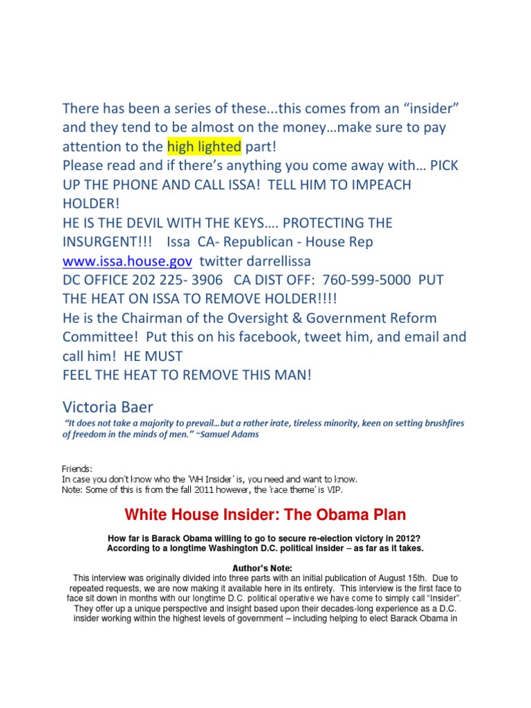 Victoria Baer: WWW - Issa.house - Gov | PDF | Eric Holder | Barack Obama