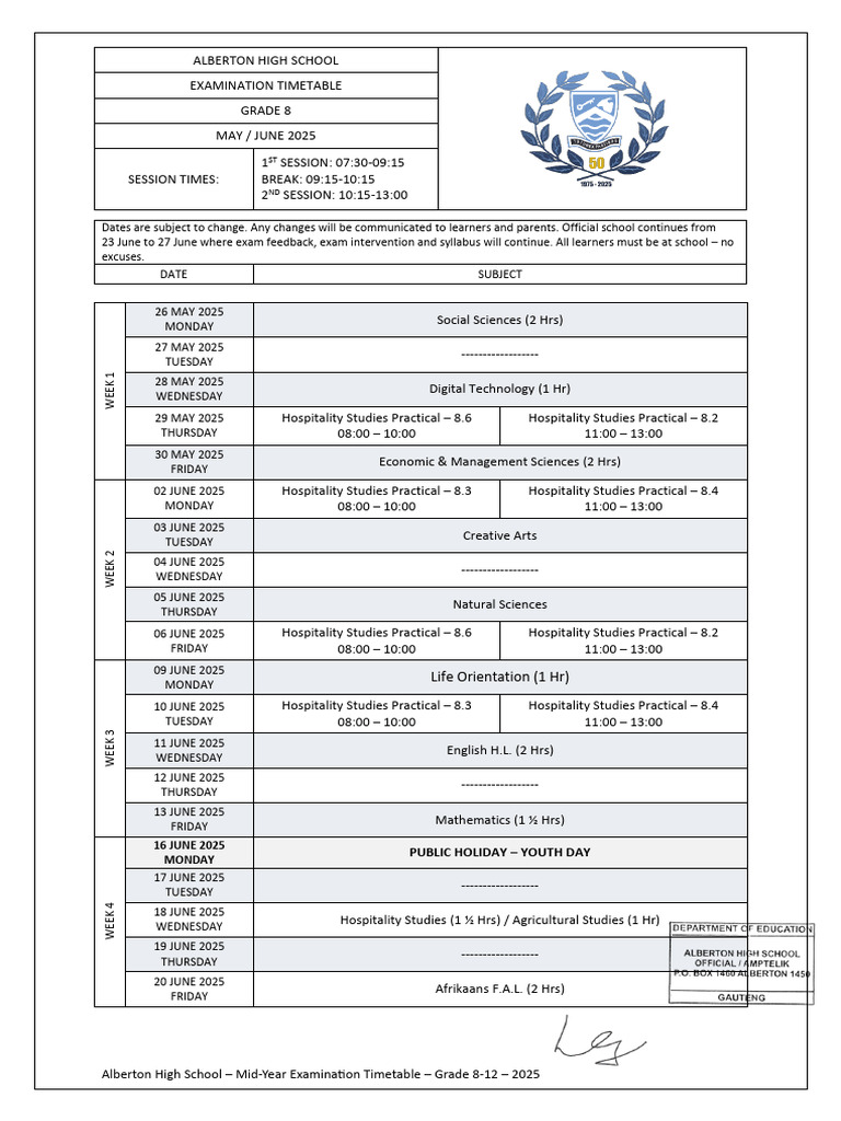 Exam Timetable - Mid-Year - 2025 | PDF | Science