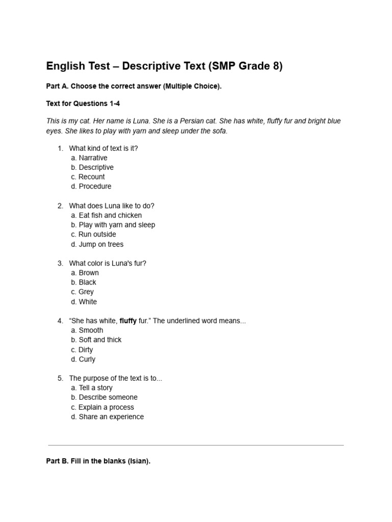 Grade 8 Descriptive Text English Test | PDF