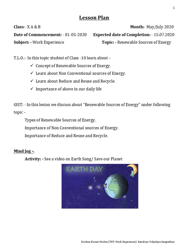 Renewable Energy Lesson Plan for Class 10 | PDF | Energy Development ...