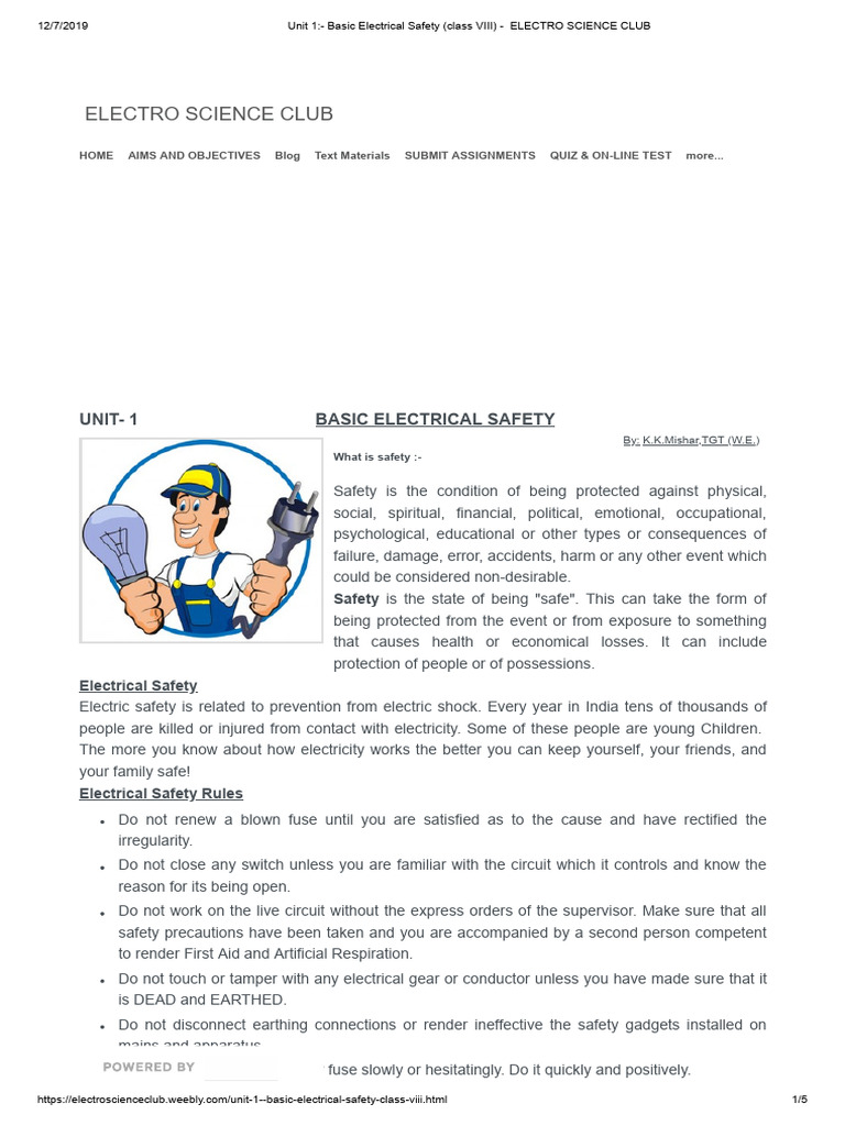 Unit 1_- Basic Electrical Safety (class VIII) - ELECTRO SCIENCE CLUB | PDF | Nervous System | Nerve