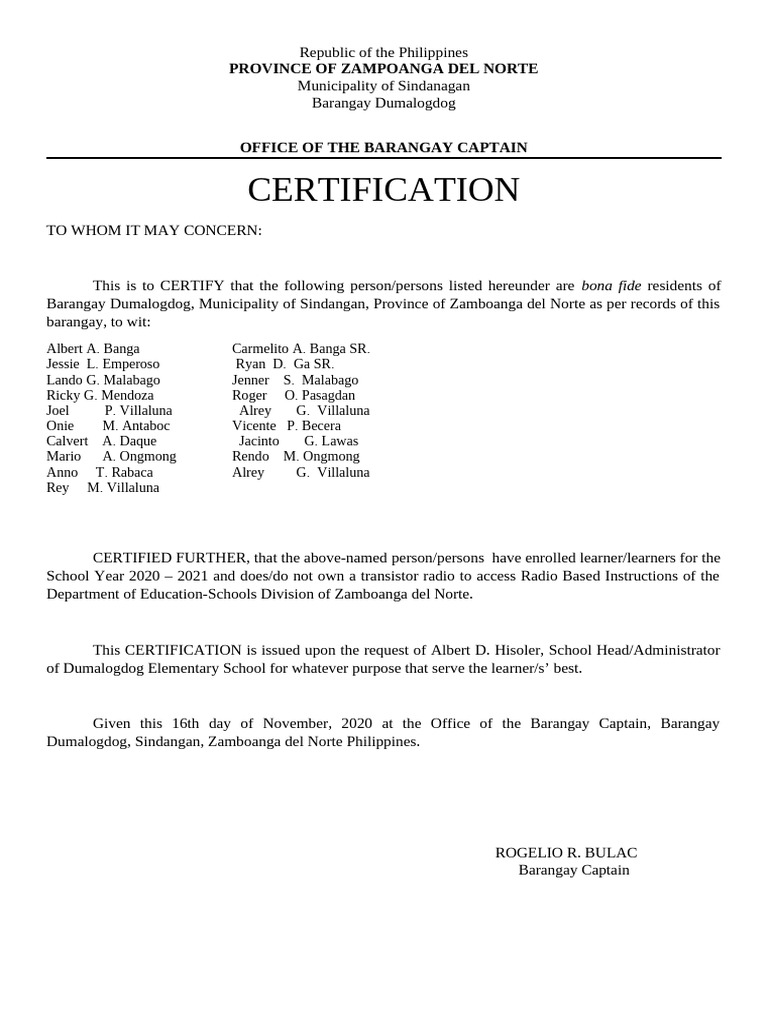 Barangay Certification | PDF
