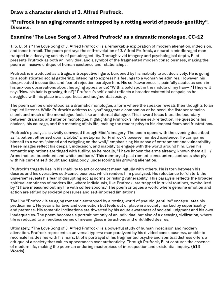 (CC-12) Draw A Character Sketch of J. Alfred Prufrock. - 20241209 ...