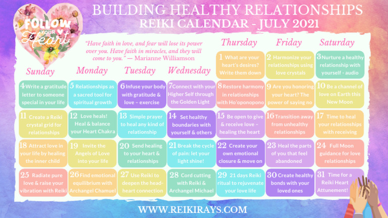 Building Healthy Relationships Reiki Calendar July 2021 | PDF ...