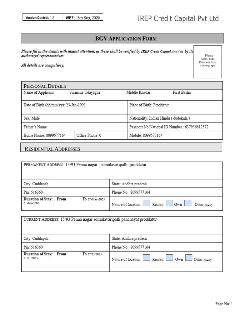 Father’s Name and Personal Details Form | PDF | Identity Document