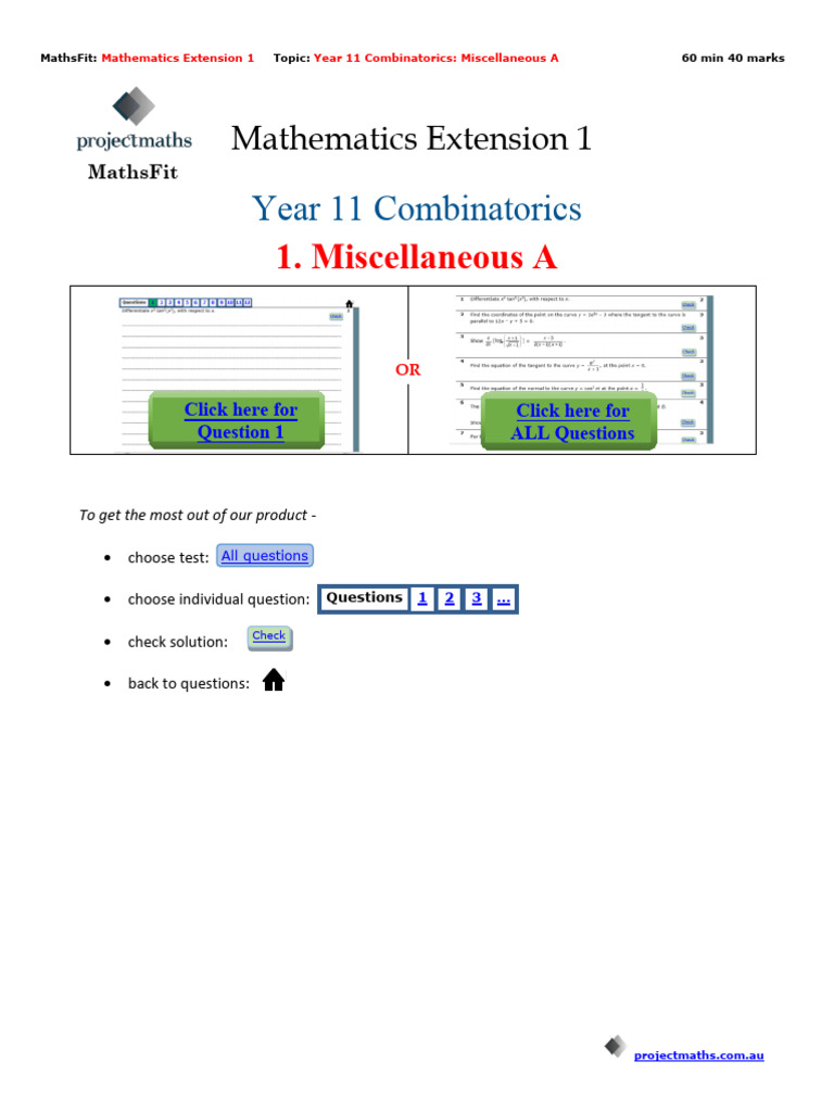 Year 11 Combinatorics 1 Miscellaneous A MX MathsFit | PDF | Multiple Choice | Combinatorics