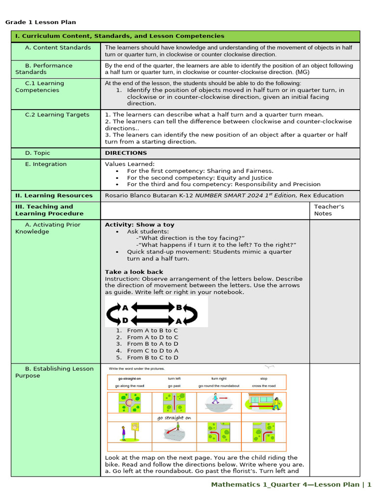 Grade 1 Directions Lesson Plan | PDF | Learning | Lesson Plan