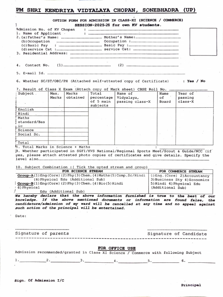 Option Form For Class XI | PDF | Secondary Education | Government Of India