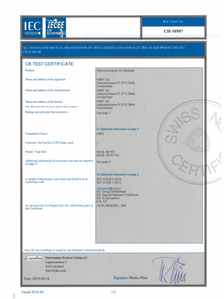 MAS-100 NT-NT Ex CB Certificate CH-10507 | PDF