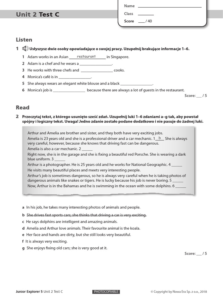 Junior Explorer 5 Unit 2 Test C | PDF