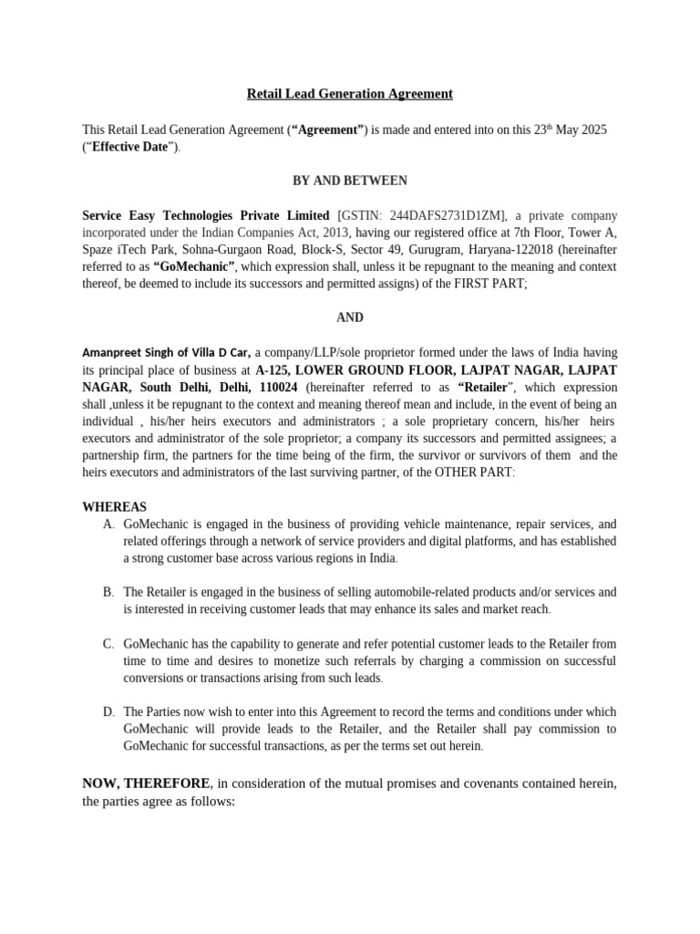 (Final Version) - Retail Lead Generation Agreement | PDF | Indemnity | Arbitral Tribunal