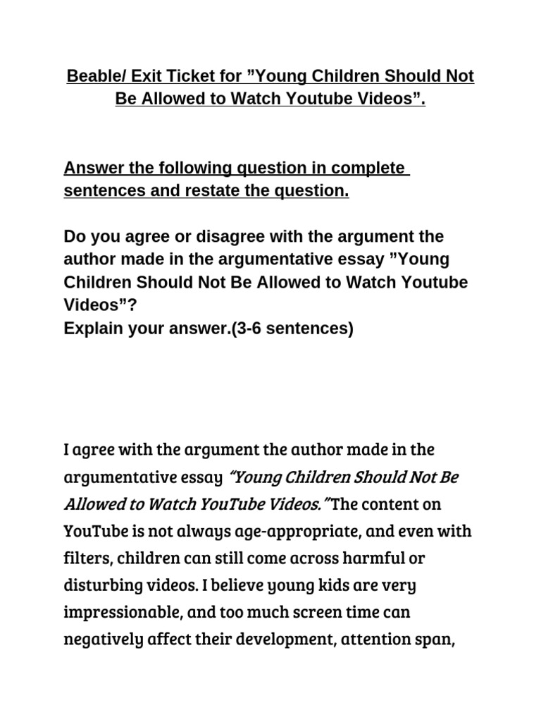 Copia de Beable - Exit Ticket For "Young Children Should Not Be Allowed ...