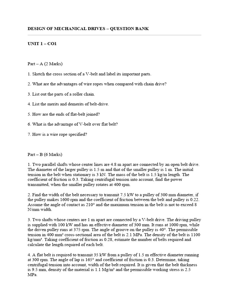 Mechanical Drives Design Question Bank | PDF | Belt (Mechanical) | Gear