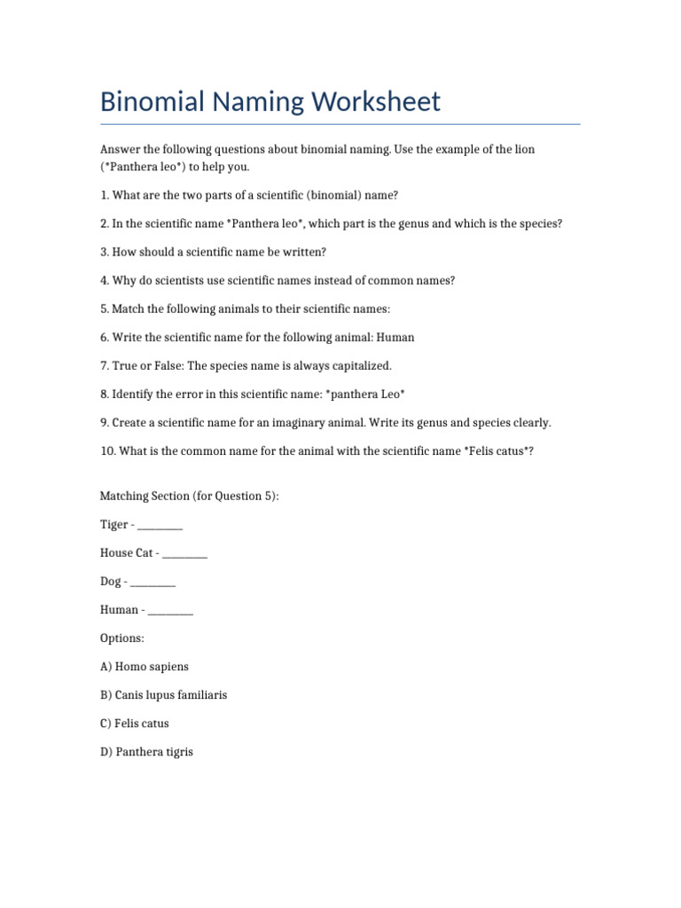 Binomial Naming Worksheet | PDF