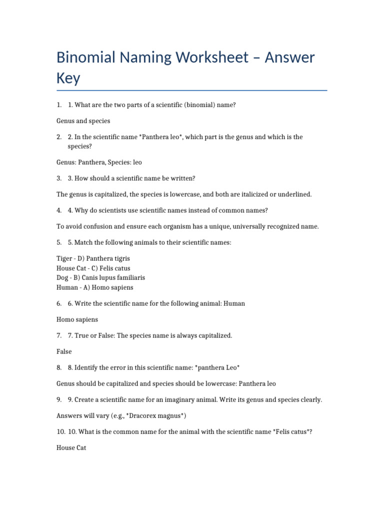 Binomial Naming Answer Key | PDF