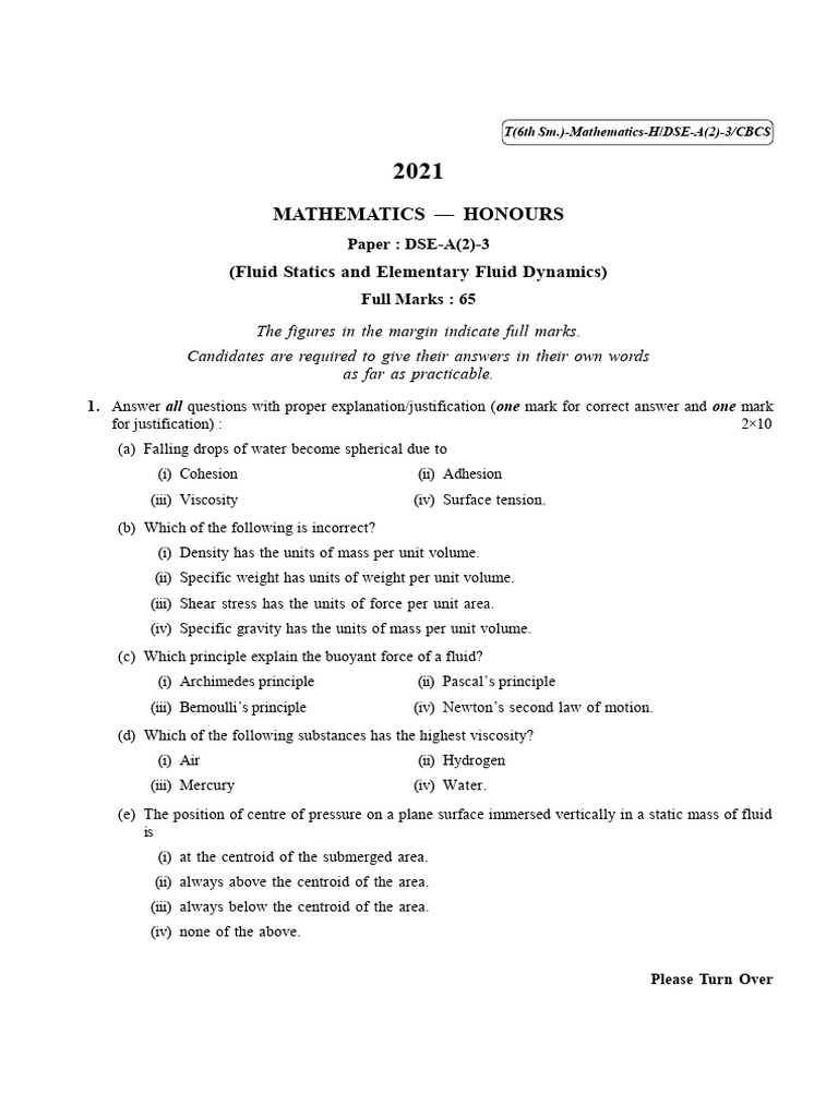 Sem 6 10 Ba-Bsc Hons Mathematics Dse-A2 Fluid Statics & Elementary Fluid Dynamics - 10498 | PDF ...