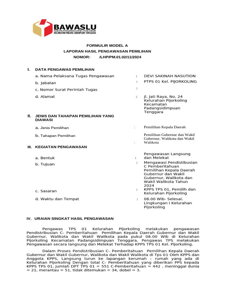 Contoh LHP Distribusi C Pemberitahuan Devi 1 | PDF