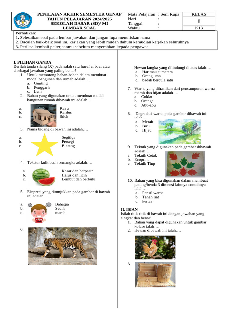 Lembar - Soal Pas 2 (Genap) Seni Rupa Kelas 1 | PDF