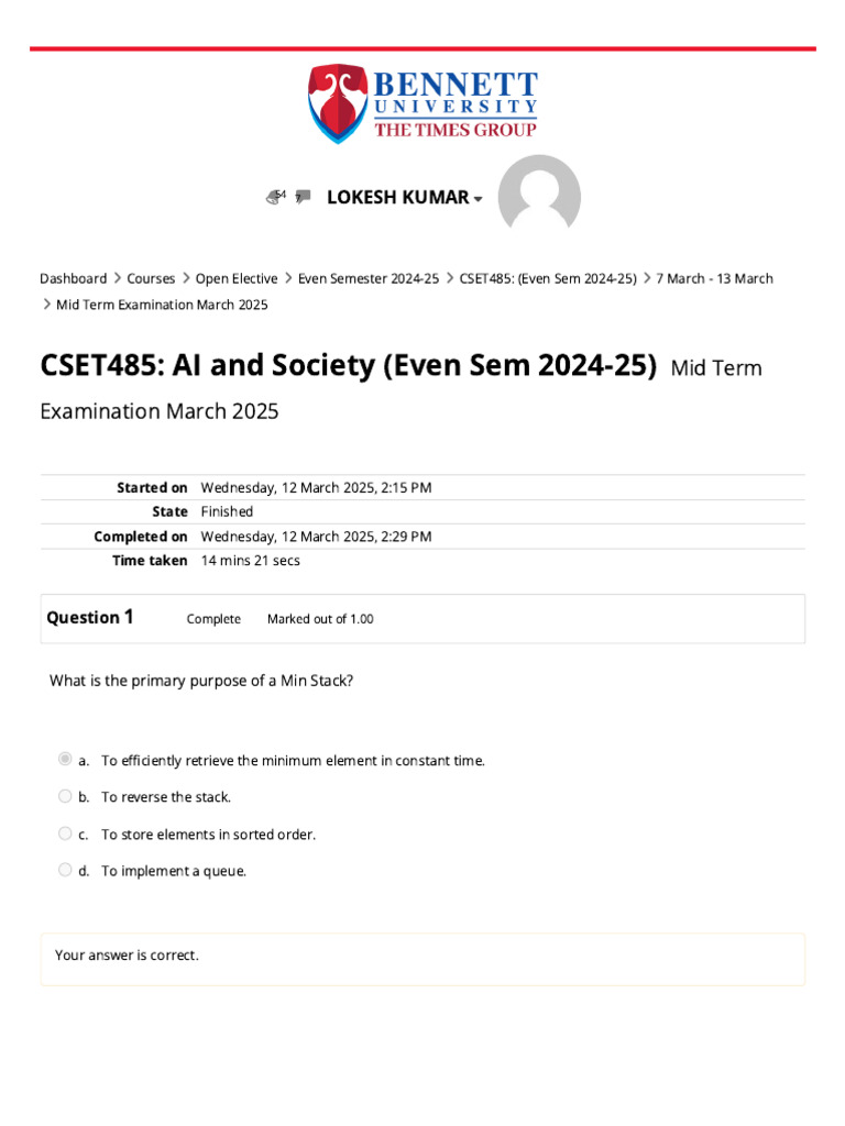 Mid Term Examination March 2025 - Attempt Review | PDF | Time Complexity | Algorithms And Data ...