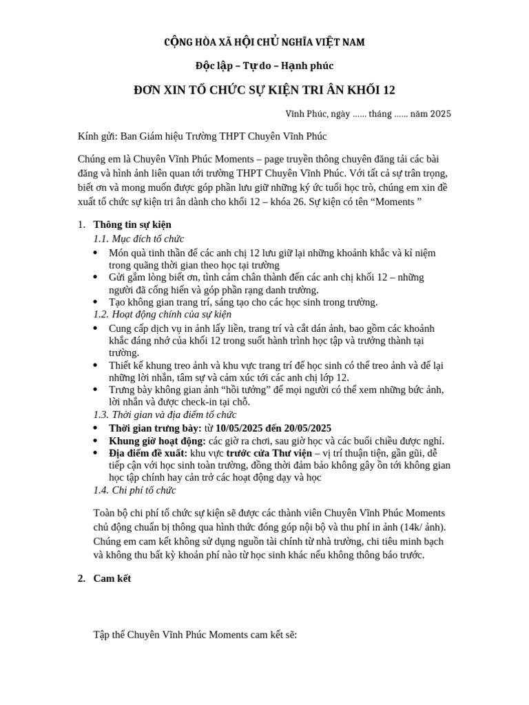Don Xin To Chuc Su Kien Tri An K12 | PDF