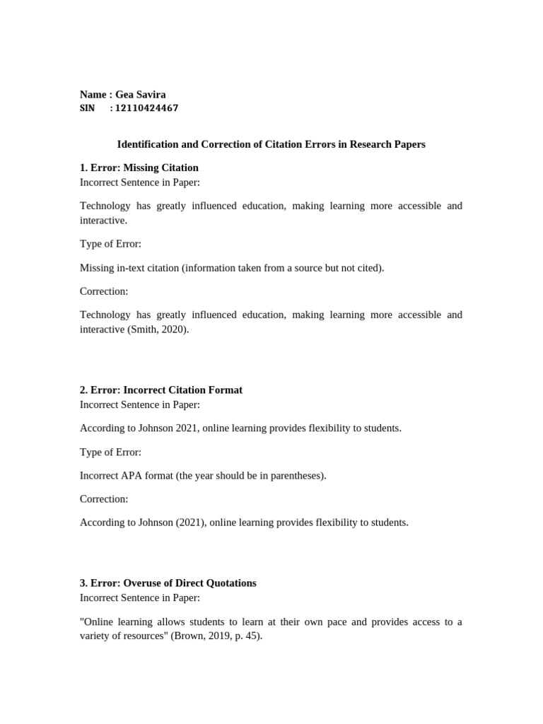 Citation Error Corrections in Research Papers | PDF