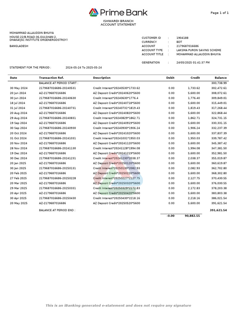 Prime Bank DPS Statement 24-05-2025 | PDF | Financial Services | Banking