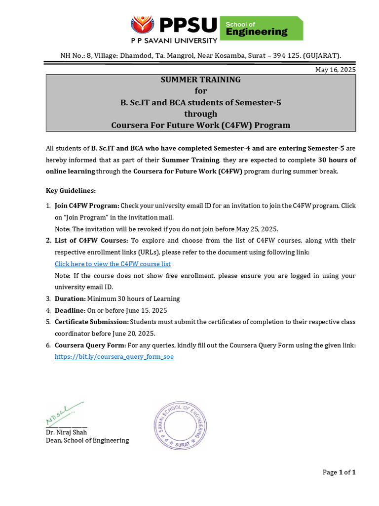 SUMMER TRAINING Circular For BScIT and BCA Students of Semester-5 | PDF