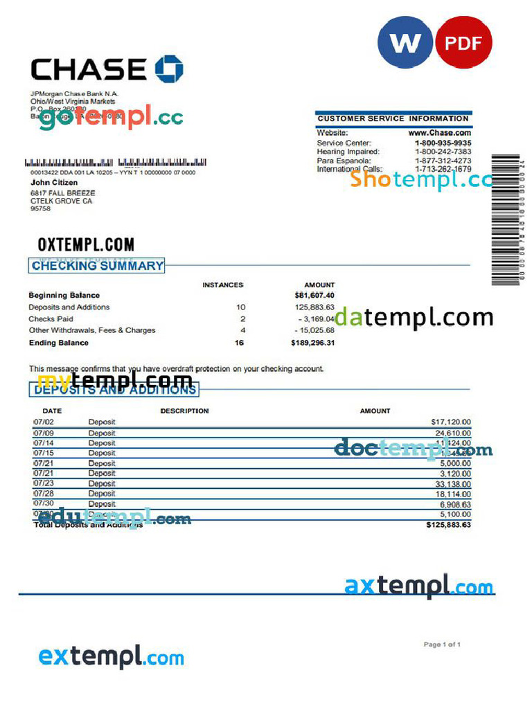 Doctempl - USA JP Morgan Chase bank statement template in Word and PDF ...