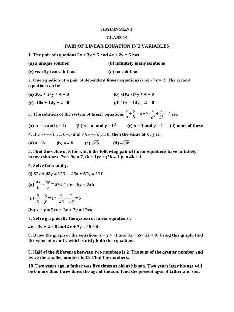 Pair of Linear Equations in 2 Variables Class 10 | PDF | Equations ...