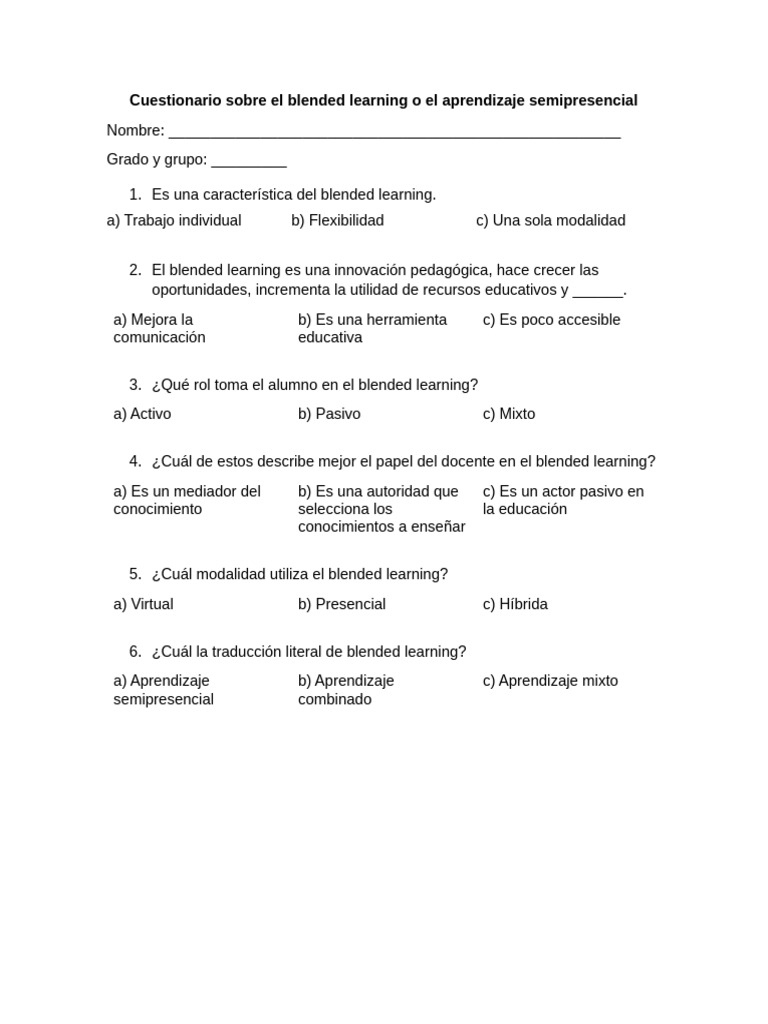 Cuestionario sobre Blended Learning | PDF